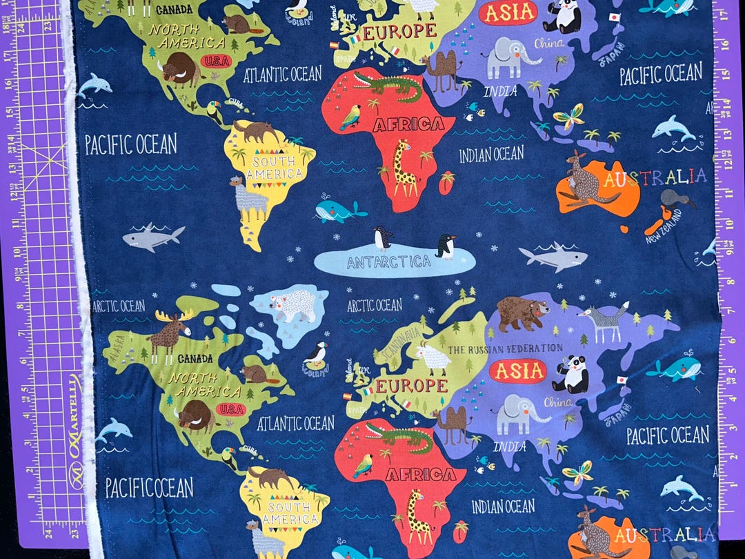 Hello World Map on Navy Cotton Fabric, Animal Country Earth Ocean ...