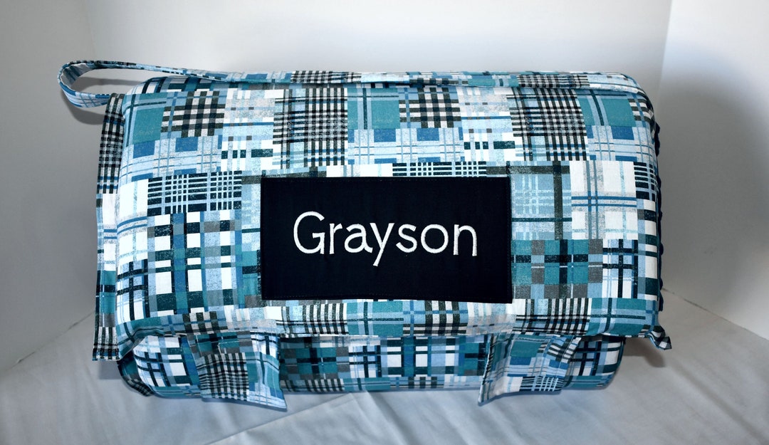 Boy Blue Madras Plaid Kids Nap Mat With Navy Minky Dot Blanket ...