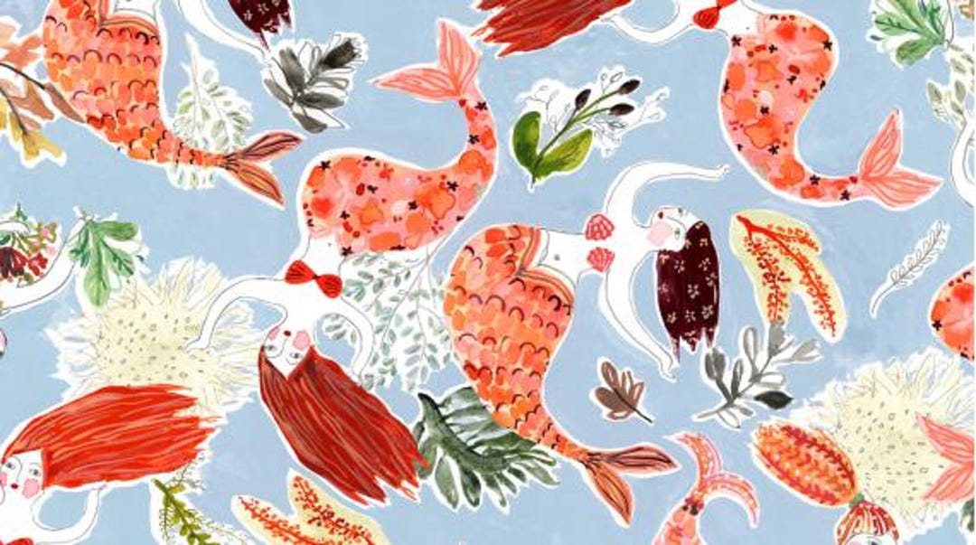 High Seas Mermaids in Blue Cotton Fabric, Multi Color Ocean Marine ...