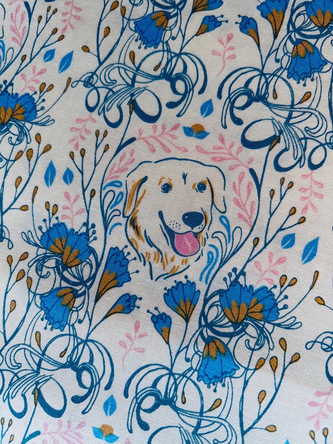 Dog Park on Shell Cotton Fabric, Retro Golden Garden Novelty Floral ...