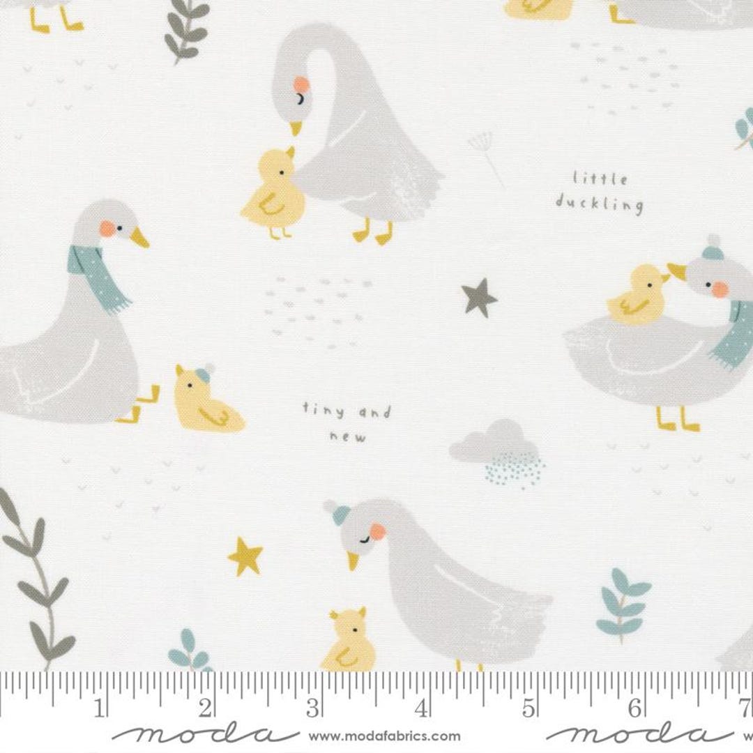 Little Ducklings White Cotton Fabric, Ducks Mom and Baby Duck Floral ...