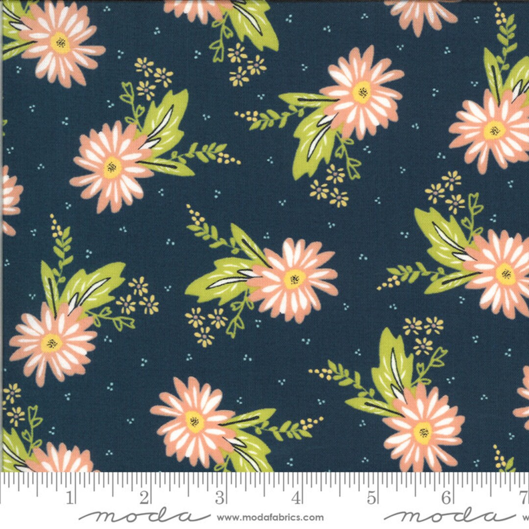 Happy Days Carnation on Navy Floral Cotton Fabric, Daisy Flower Foliage ...