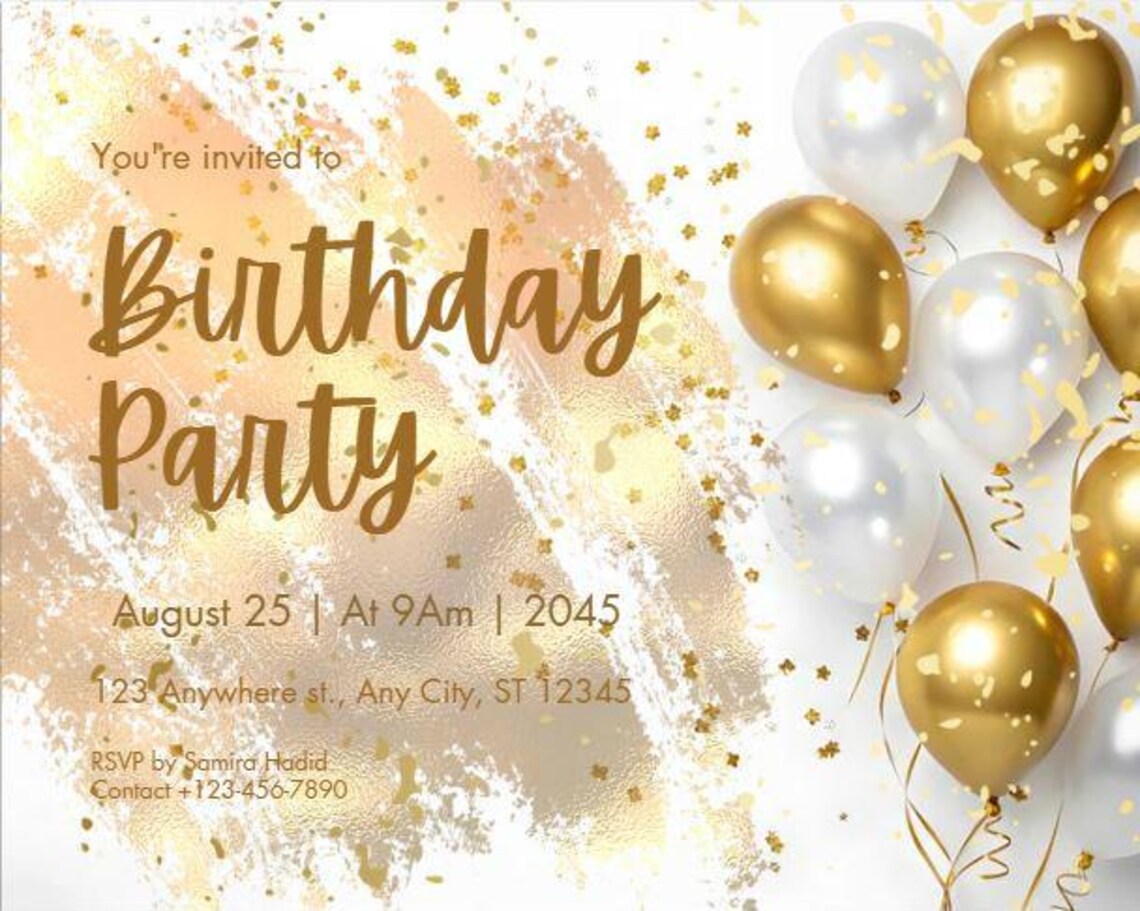 White and Gold Balloons Birthday Party Invitation - Etsy