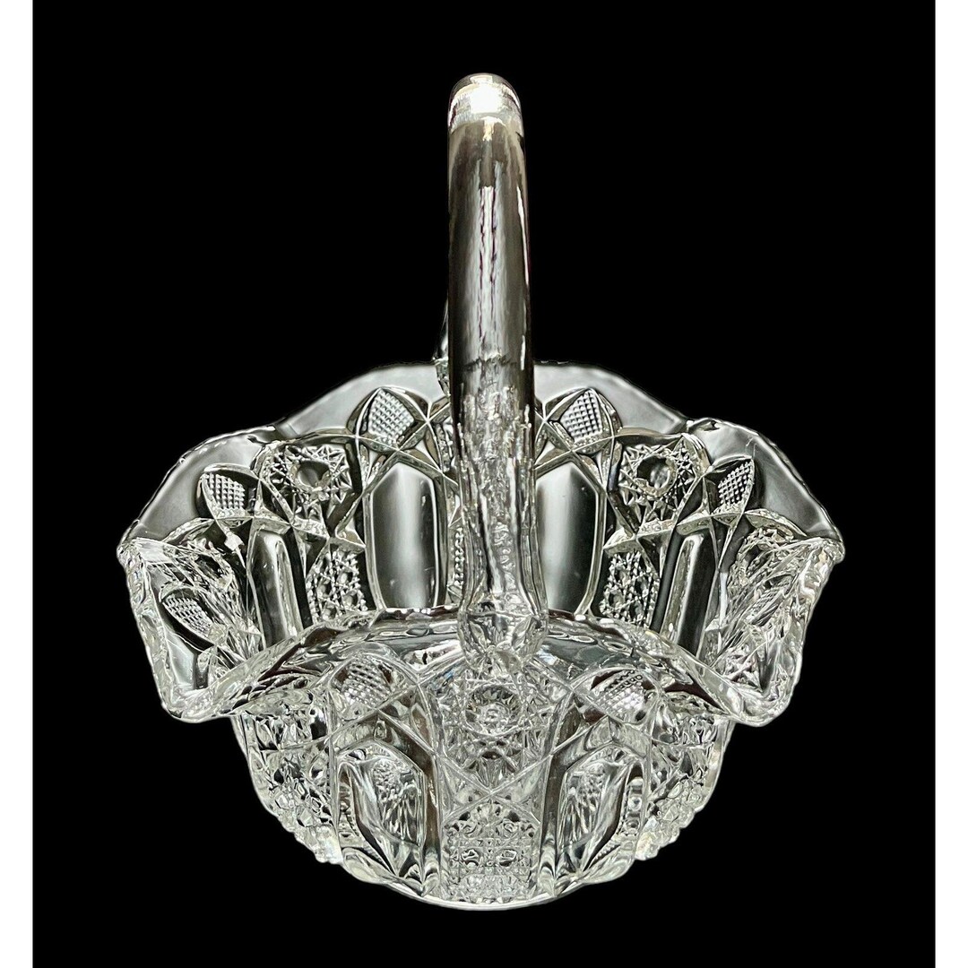 Vintage L.E. Smith Heritage Quintec Clear Glass Handled Crimped Basket ...