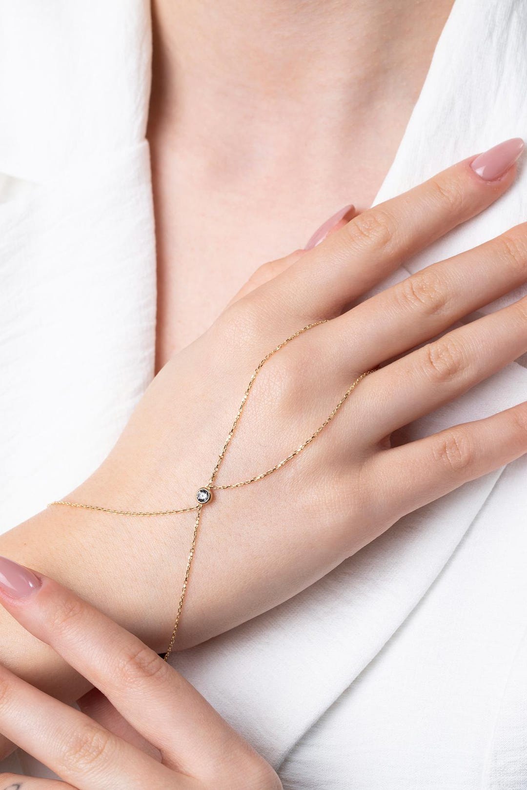 14K Solid Gold Hand Chain Bracelet, Mother’s Day Gift For, Dainty Gold Hand Harness, Minimalist ...