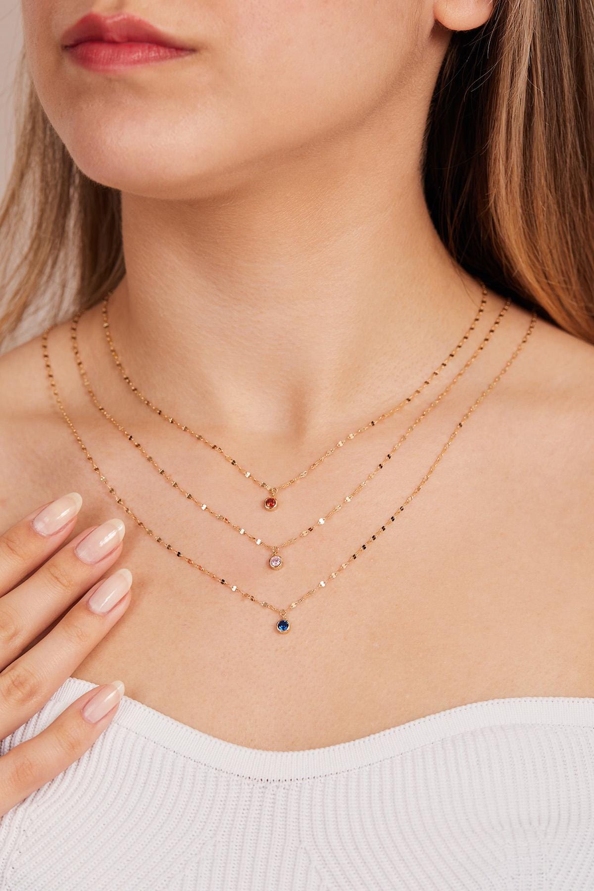 14K Solid Gold Sapphire Necklace, Minimalist Round Real Diamond and ...