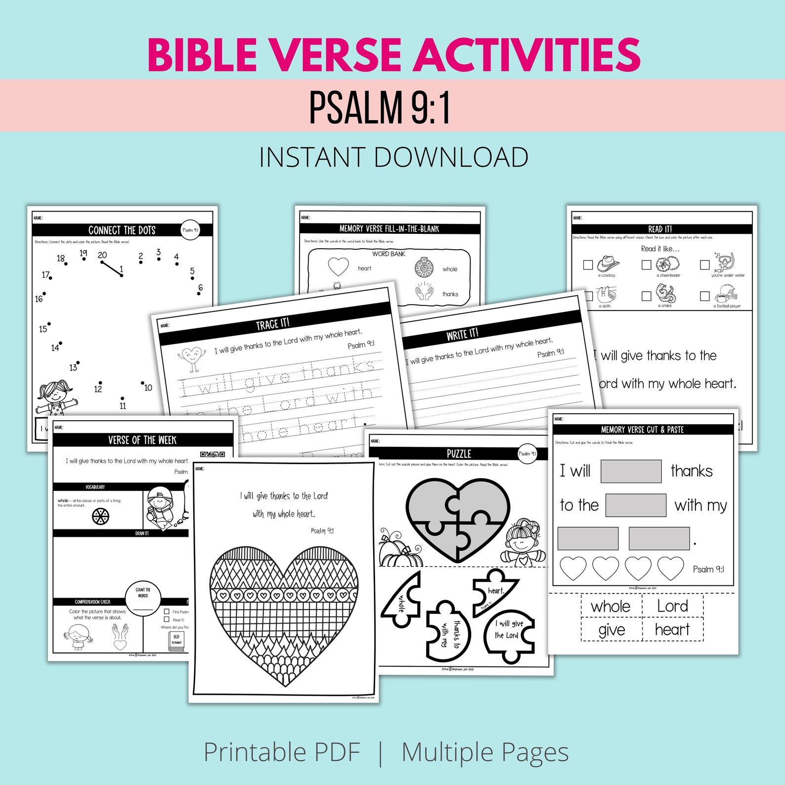 Psalm 9:1 Bible Memory Verse Activities for Kids-thanksgiving Gratitude ...