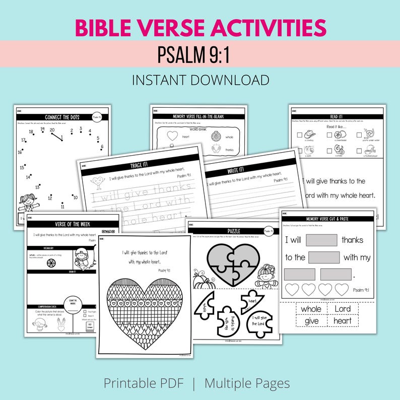 Psalm 9:1 Bible Memory Verse Activities for Kids-thanksgiving Gratitude ...