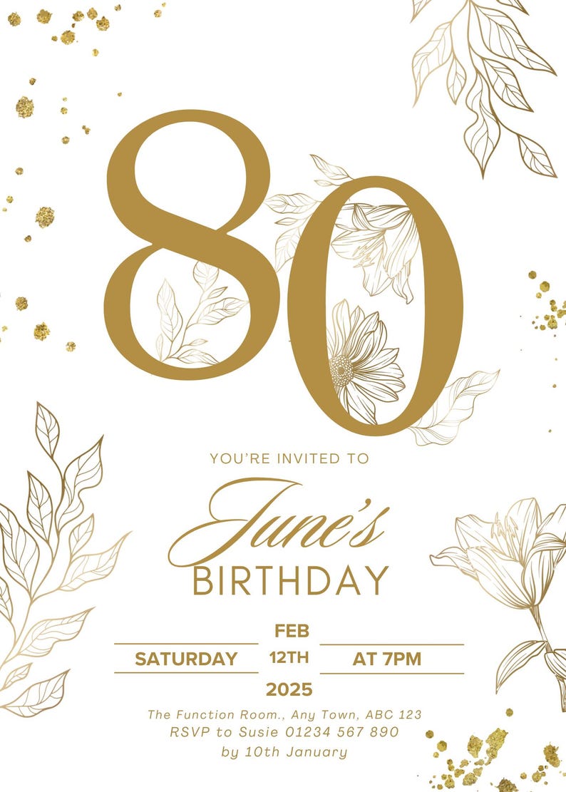 80th Birthday Invitation - Digital Template Editable - Etsy