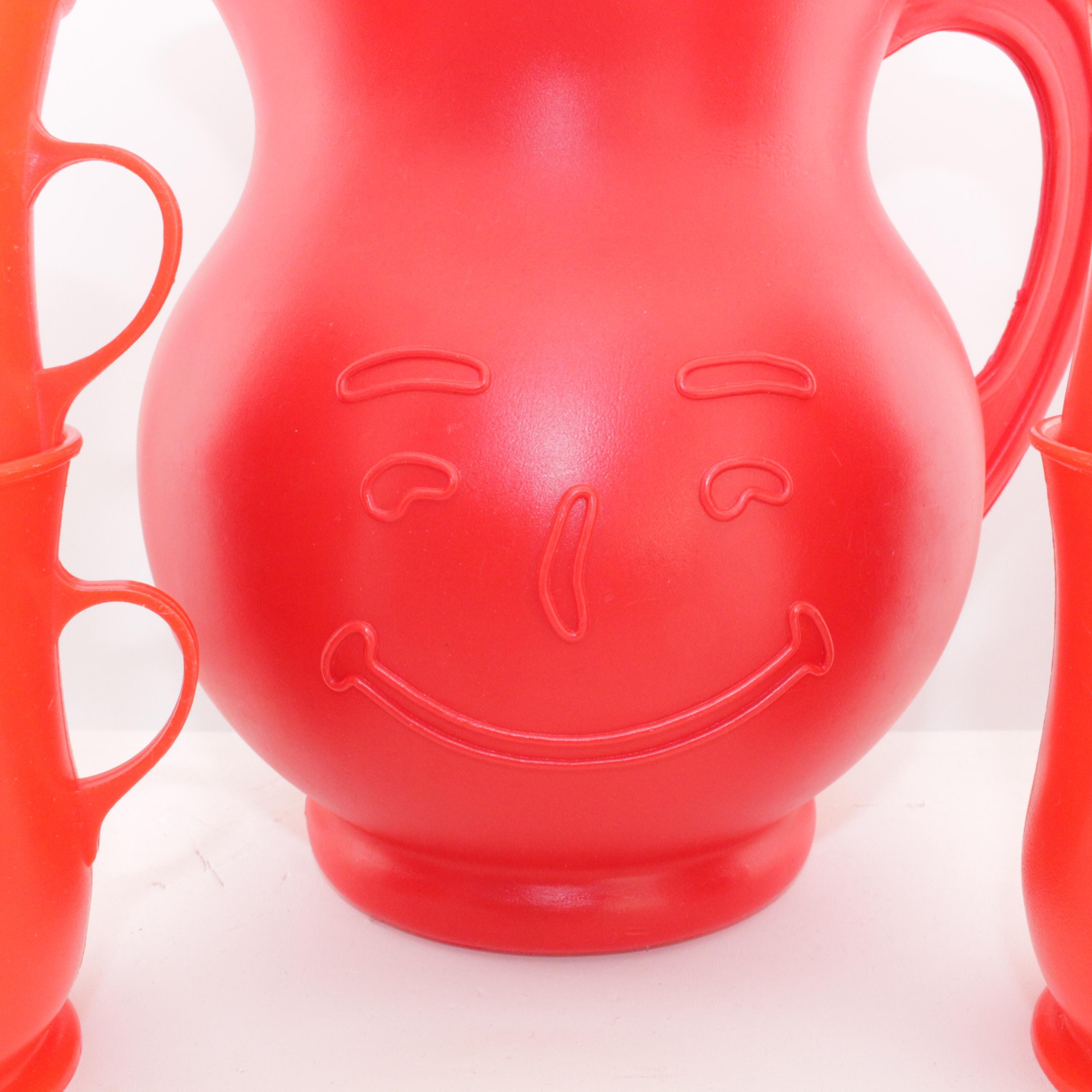 1984 Red Kool-aid Promotional Plastic Pitcher and 4 Matching Cups Mugs ...