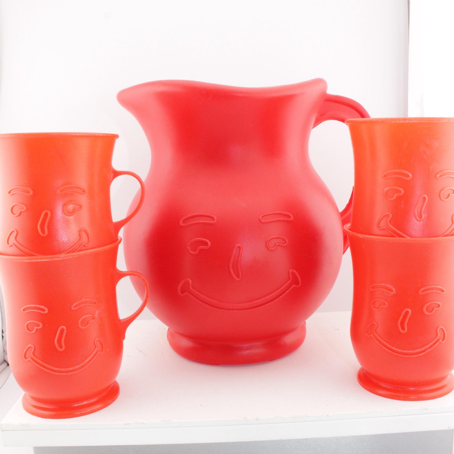 1984 Red Kool-aid Promotional Plastic Pitcher and 4 Matching Cups Mugs ...