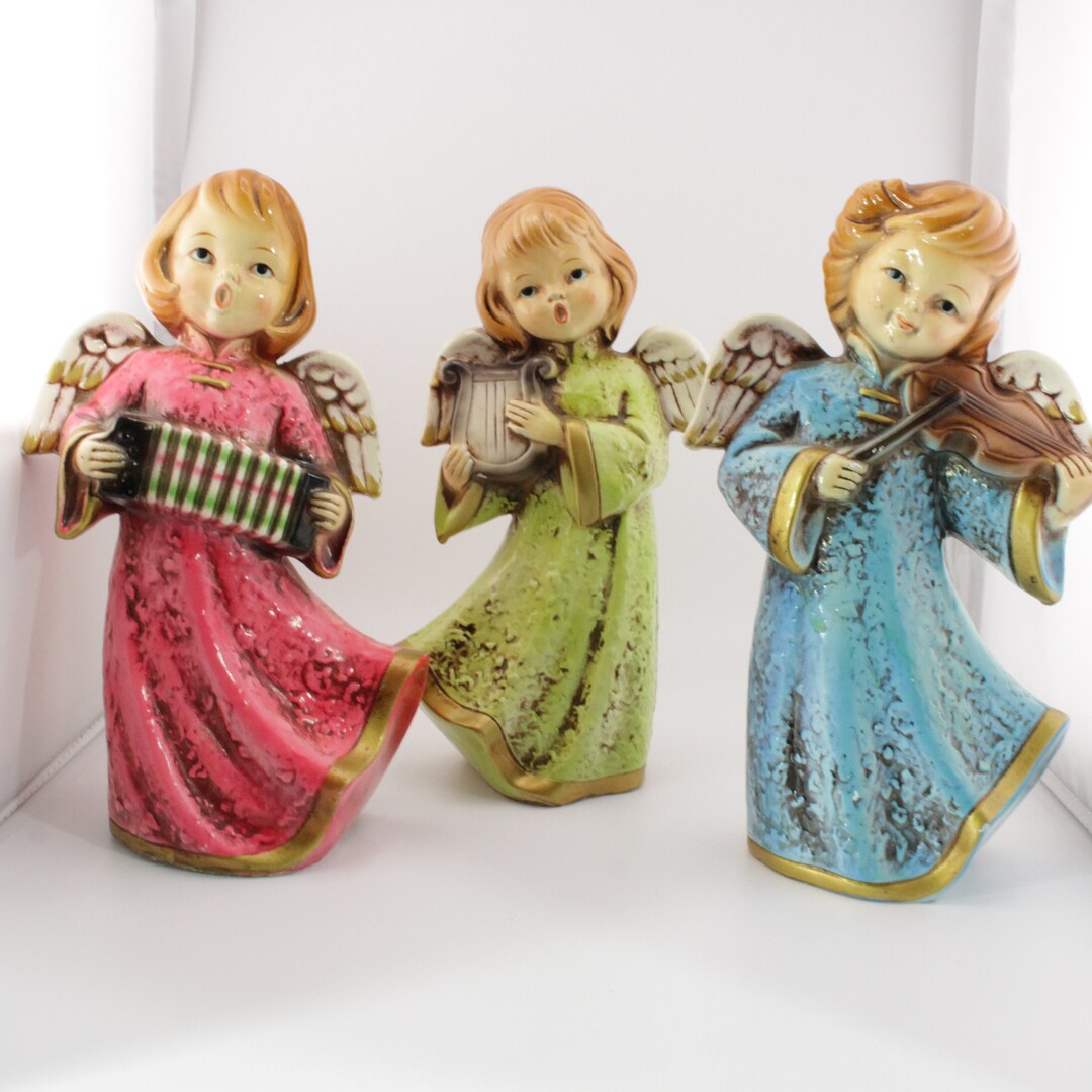 Vintage Paper Mache 9" Angel Figurines Playing Musical Instruments ...