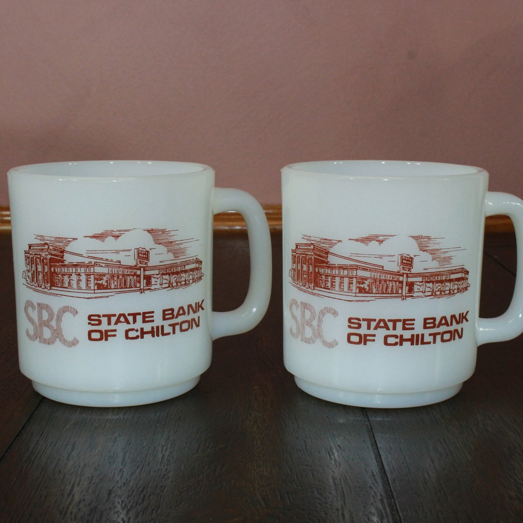 Vintage Glasbake MILK GLASS Mugs State Bank of Chilton 90th Anniversary ...