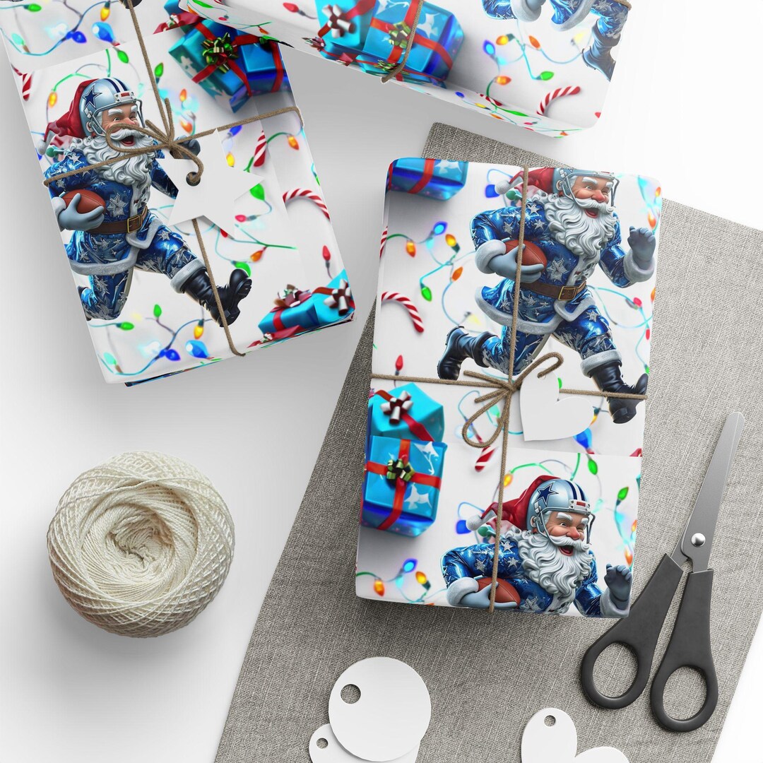 Dallas Cowboys Wrapping Paper Blue Football Santa Claus, Holiday Gift ...