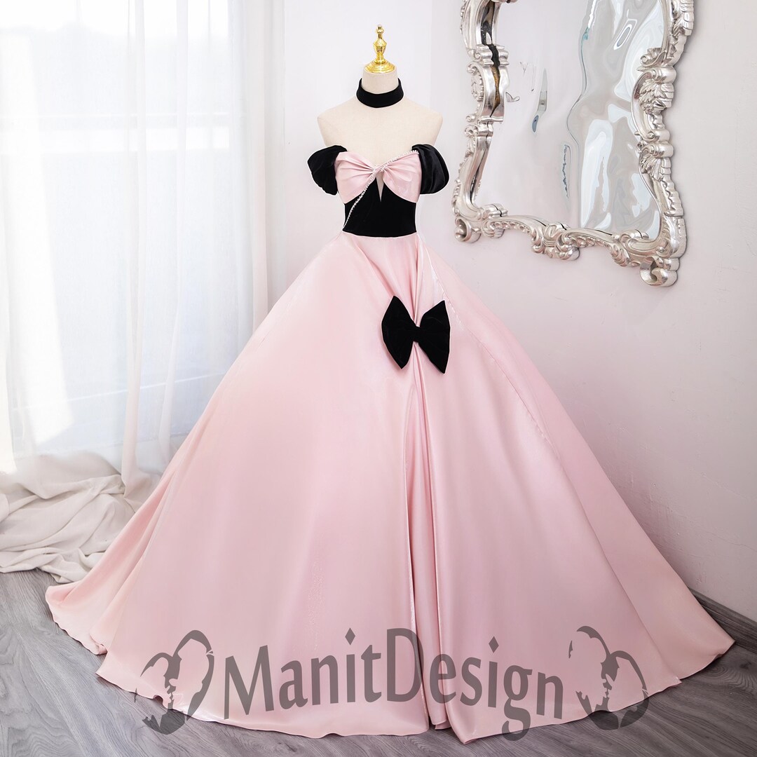 Elegant Black Pink Satin Prom Ball Gown off the Shoulder Pink Wedding ...