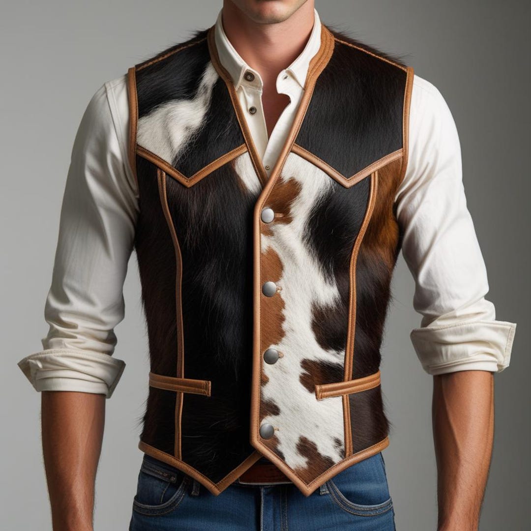 Men’s Hair-on Cowhide Leather Vest – Western Style Rodeo Vest – Real ...
