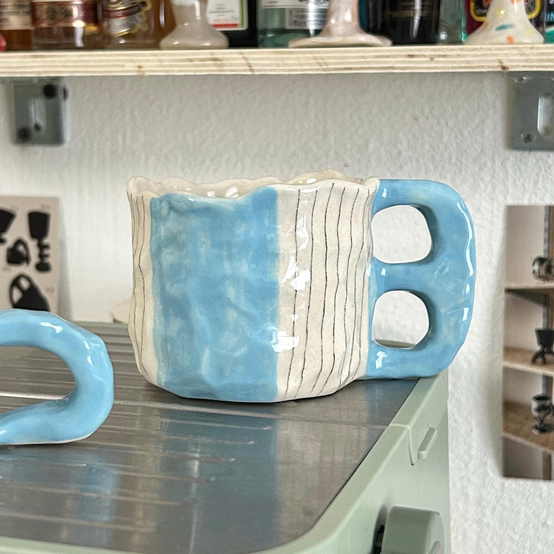 Handmade Blue Striped Mug, Double Finger Handle Ceramic Cup, Hand ...