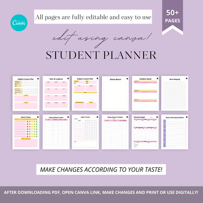 Editable Student Planner Canva Template Undated Academic Planner ...