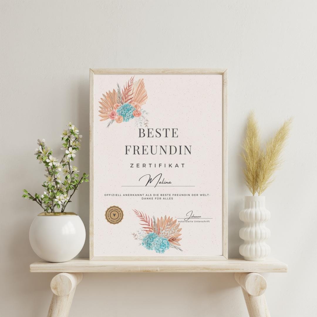 Personalized Certificate Best Friend Gift Pampas Grass Certificate Best ...