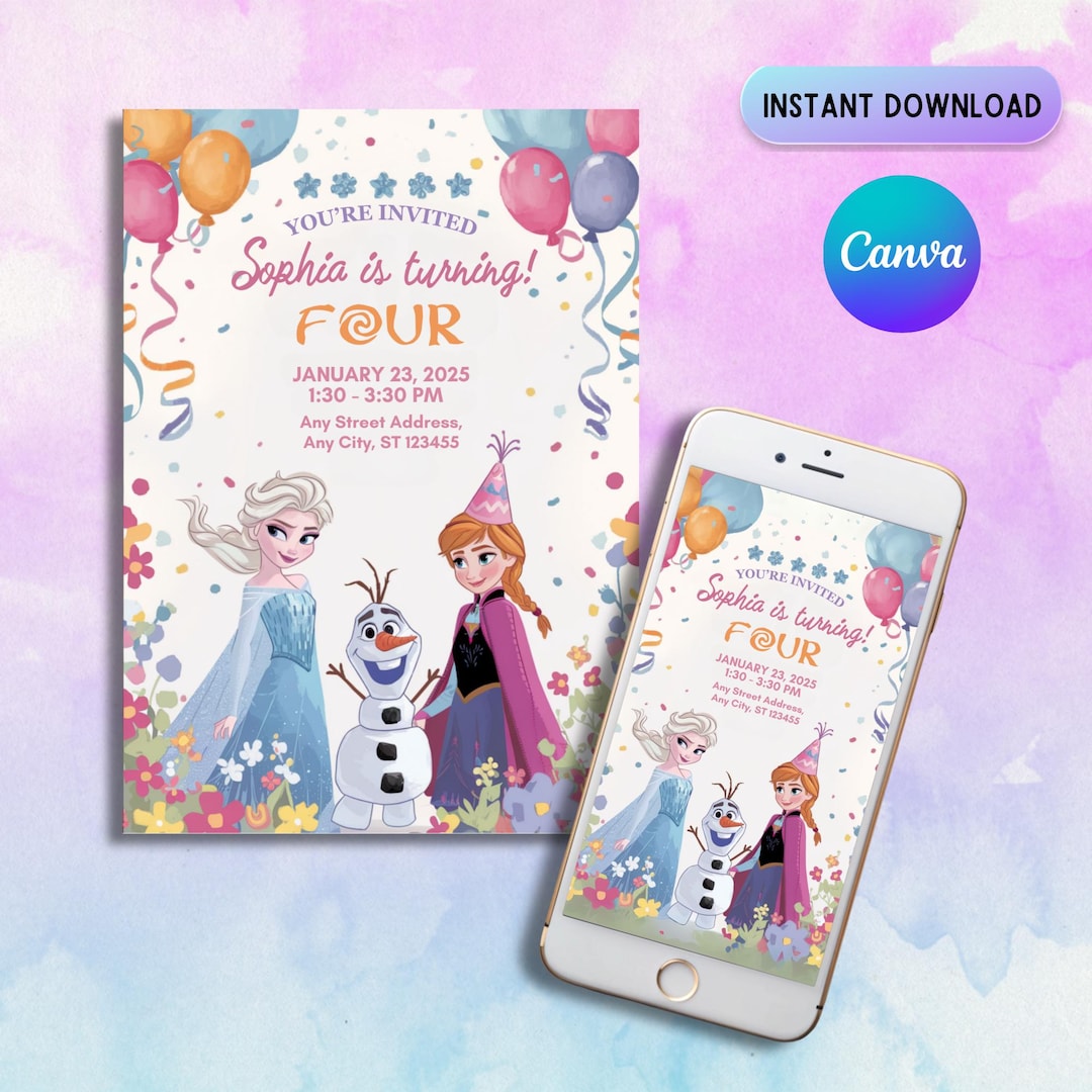 Frozen Birthday Invitation: Anna, Elsa, Olaf, Canva Template (digital ...
