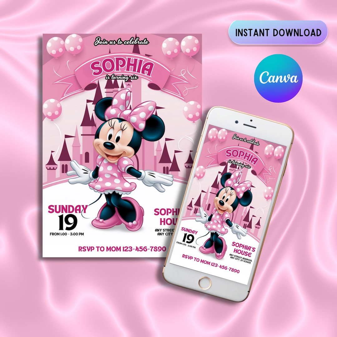 Pink Minnie Mouse Birthday Invitation: Editable Canva Template (digital) - Etsy