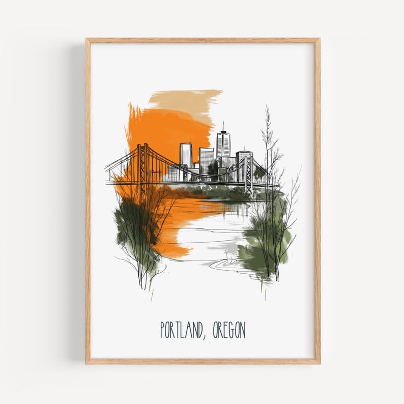 Portland Skyline Poster | Oregon Wall Art | Cityscape Illustration ...