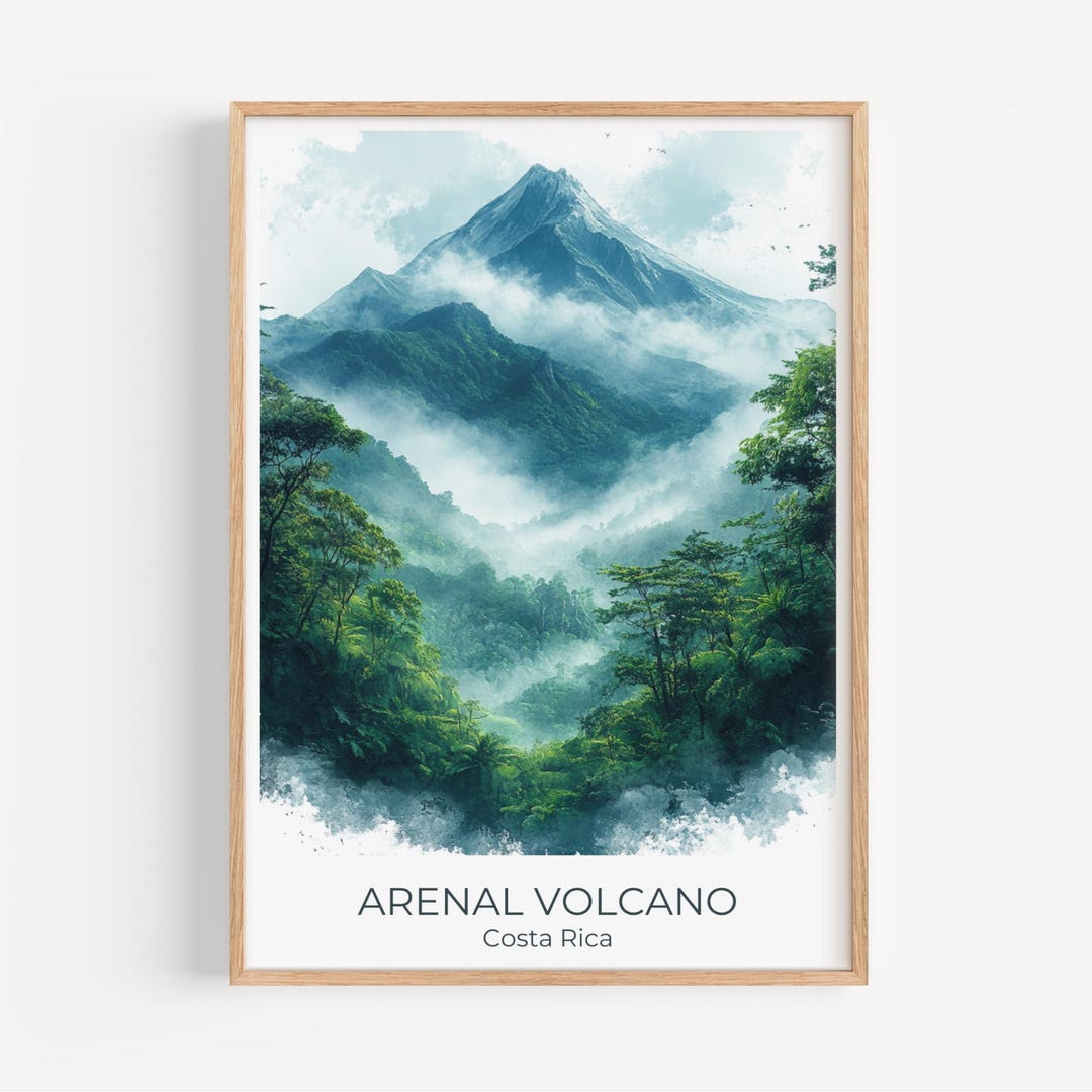 Arenal Volcano Travel Poster | Watercolor Costa Rica Wall Art | Misty ...