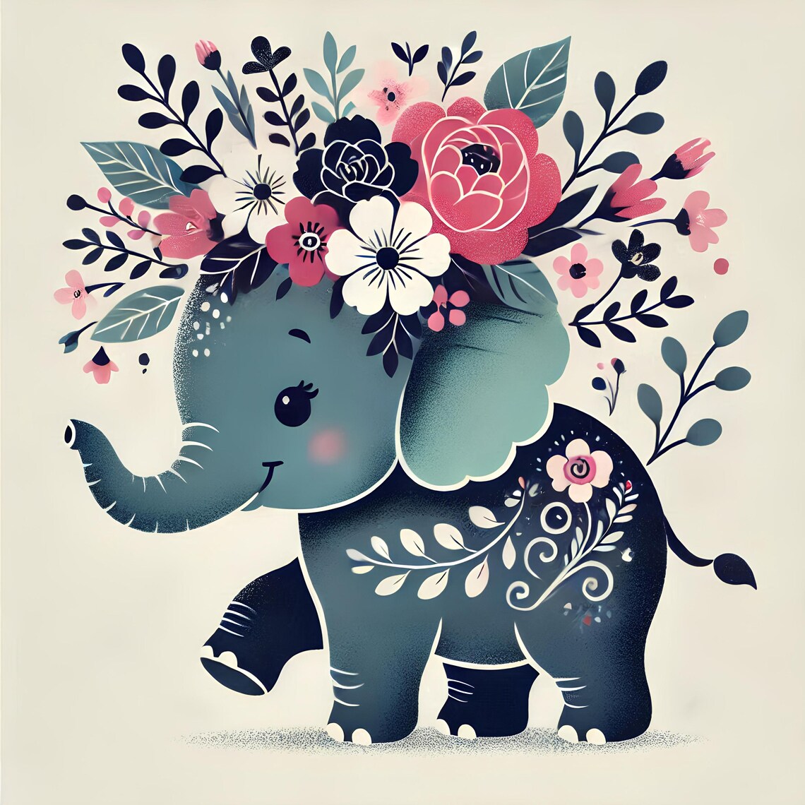 About Sweet Imaginatio Digital Art: Flowered Baby Elephant Graphic - Etsy
