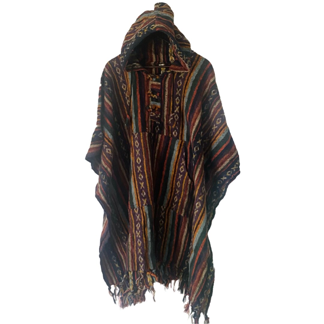 Handmade Nepali Gheri Cotton Poncho • Hooded Boho Poncho With Kangaroo ...