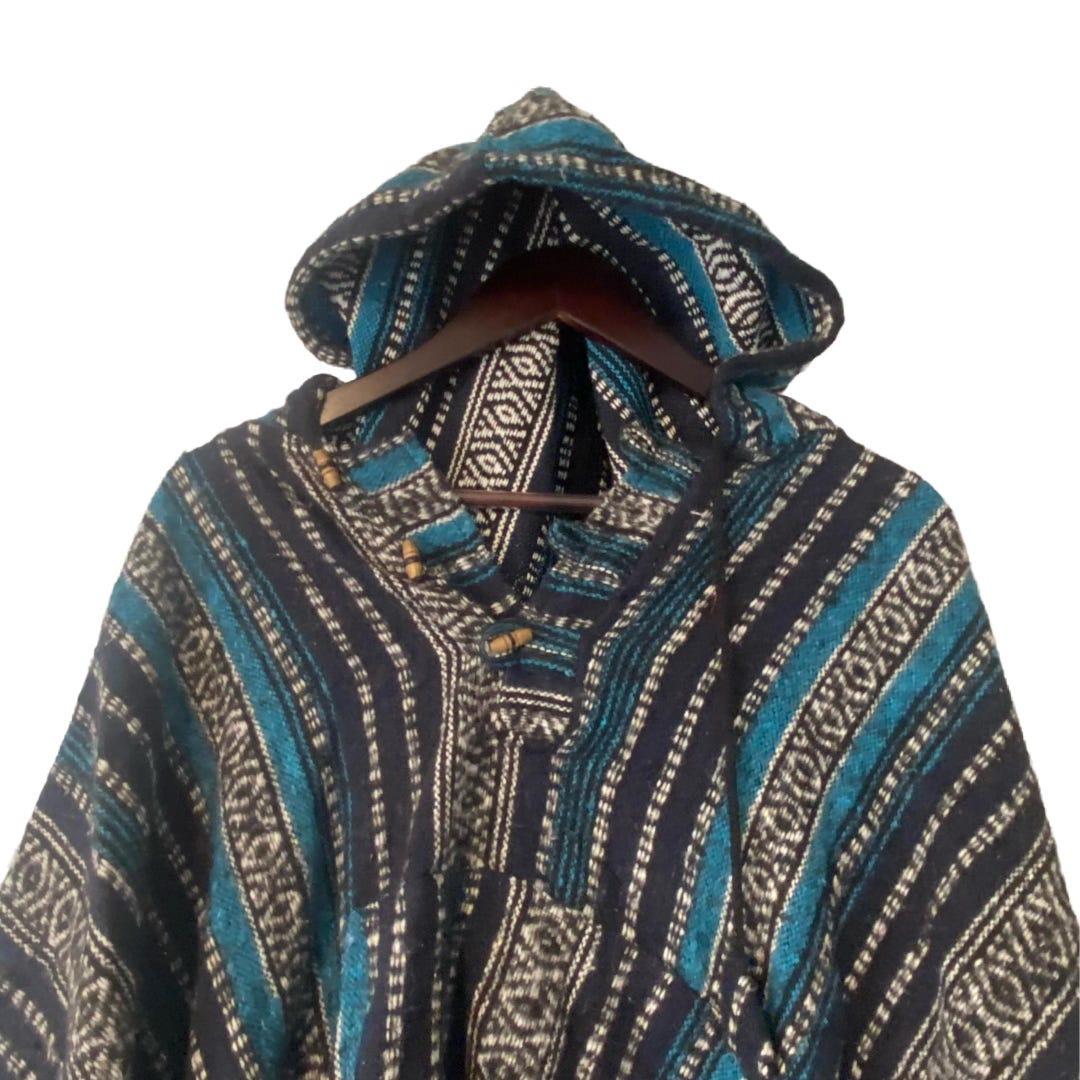 Handmade Nepali Cotton Poncho • Teal & Black Hooded Apparel • Himalayan ...