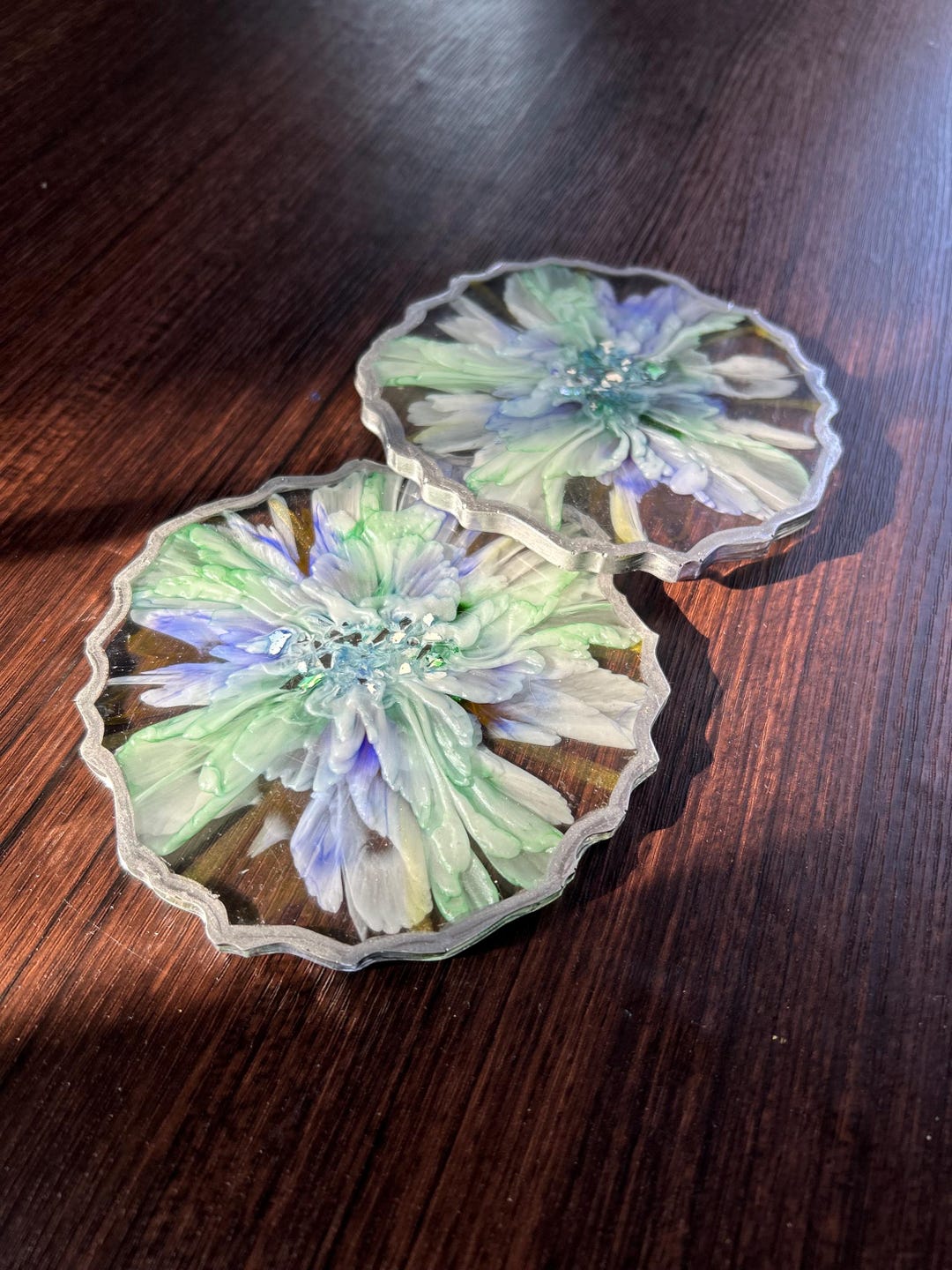 Resin Bloom Coasters (2 Pc): Blue, Green, and Silver Handmade Decor - Etsy