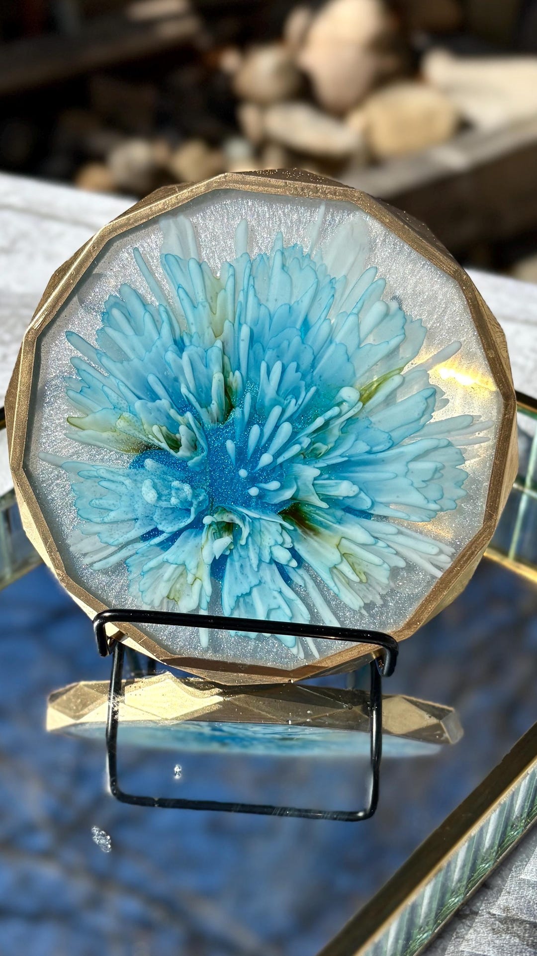 Handmade Sky Blue Resin Coaster: Gold Edged Floral Desk Decor - Etsy