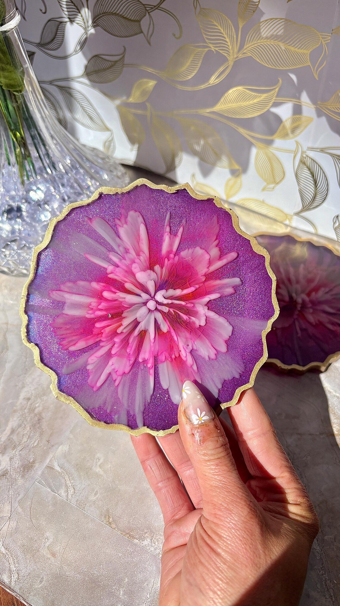 Pink Resin Bloom Coasters (2 Pc): Gold Accent Home Decor - Etsy