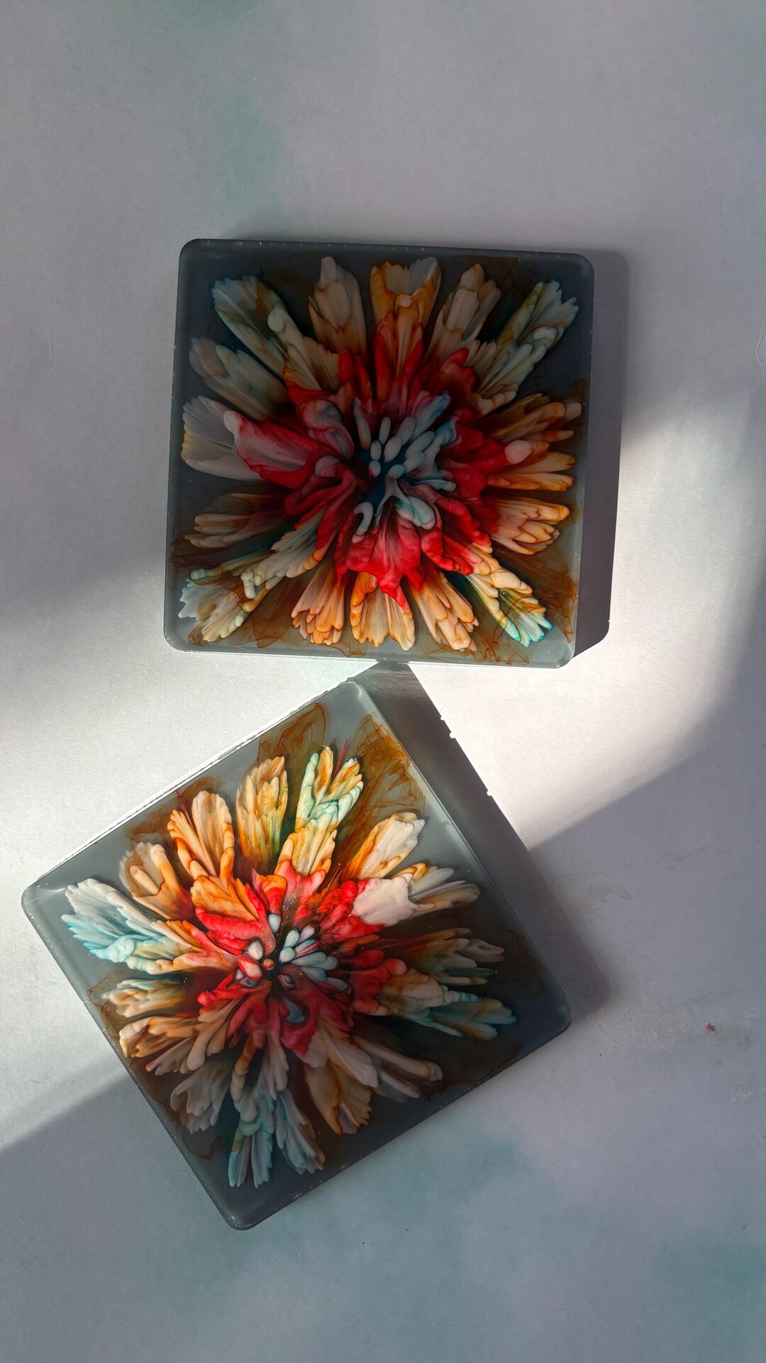 Handmade Resin Coasters: Gray and Orange Floral Decor (2 Pc) - Etsy