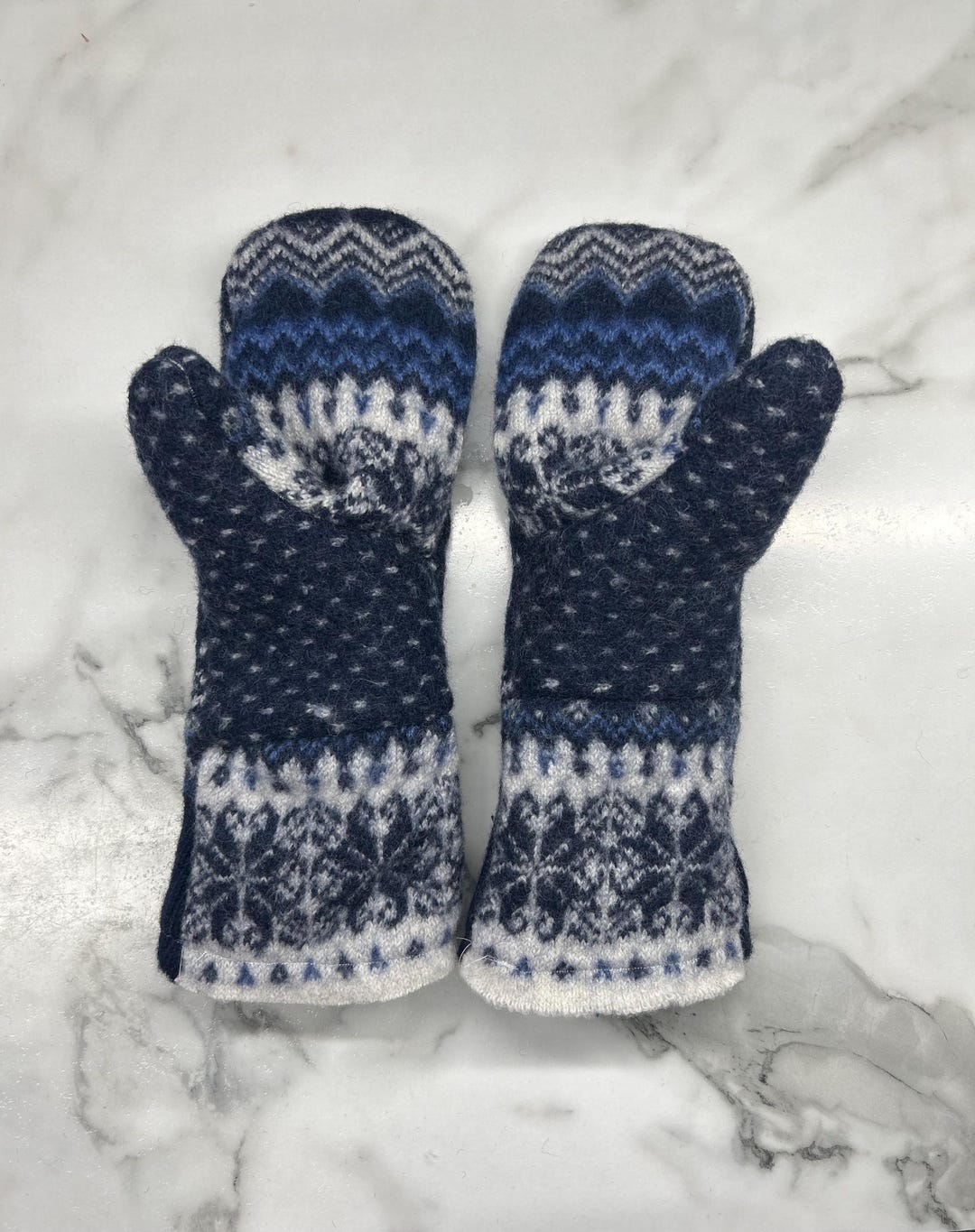 Handcrafted Blue Felted Wool Mittens Upcycled Winter Gloves With Nordic ...