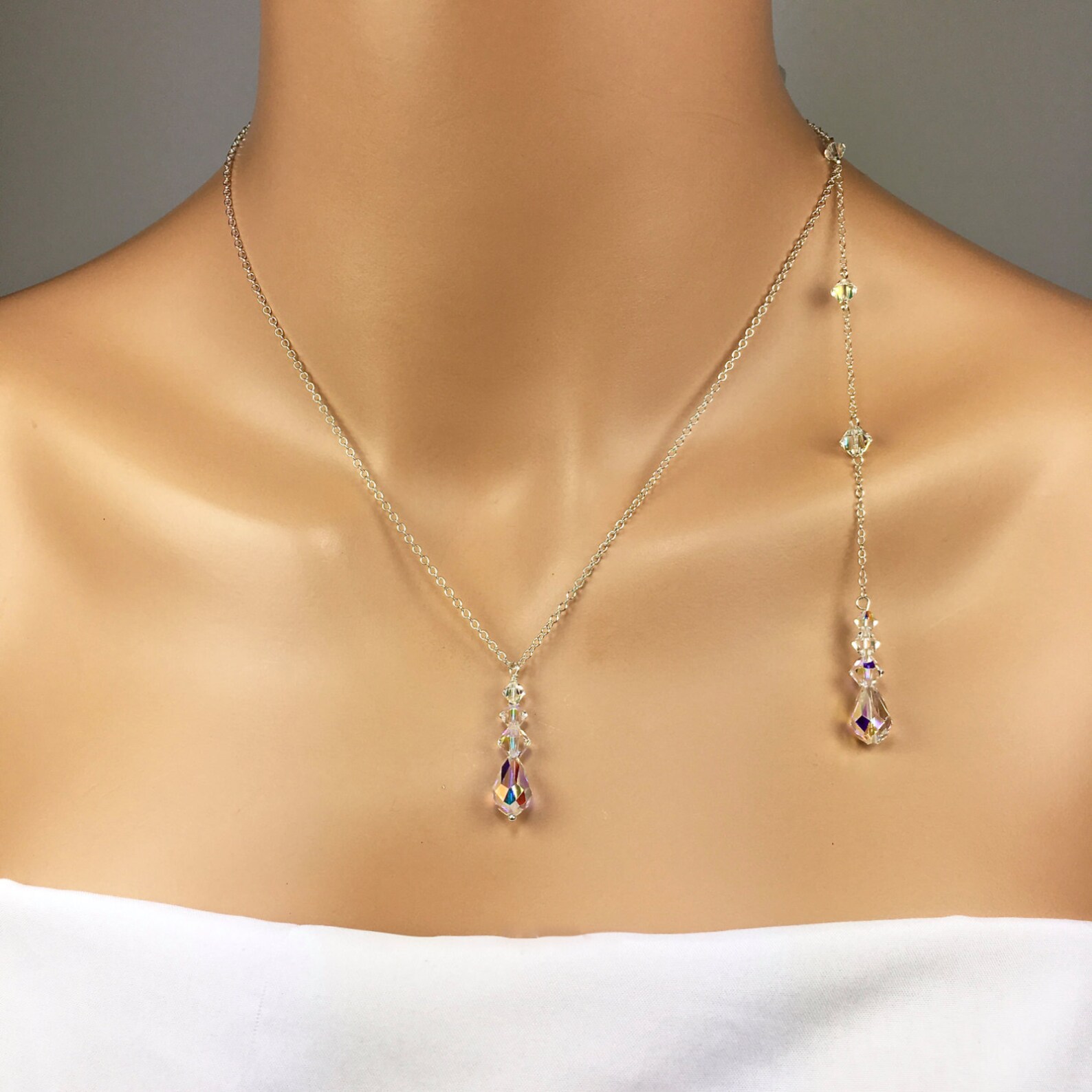 Backdrop Bridal Necklace | Teardrop Crystal | Back Necklace Set ...