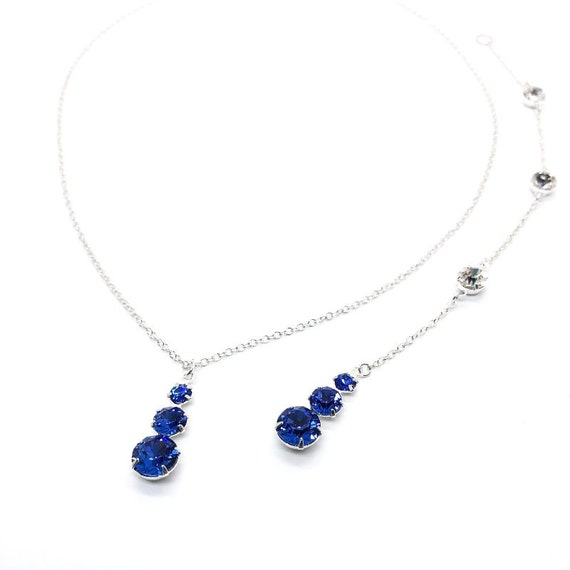 Blue Bridal Jewelry Sapphire Necklace Something Blue Backdrop Necklace 3 Stone Pendant Wedding Day Jewelry Swarovski Demetria Etsy