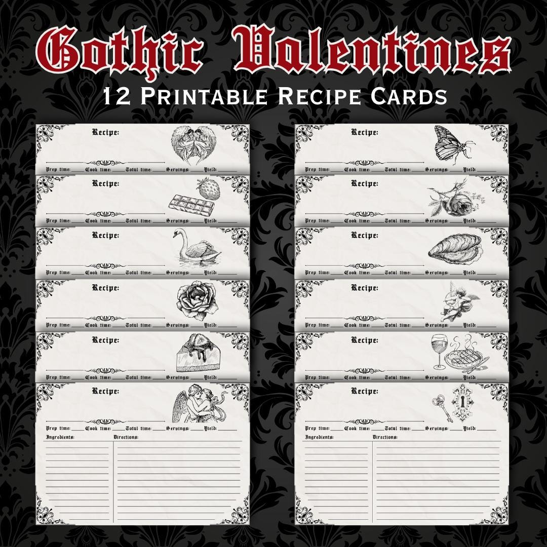 Gothic Valentines Recipe Cards | 12 Templates | Victorian Style | Junk ...