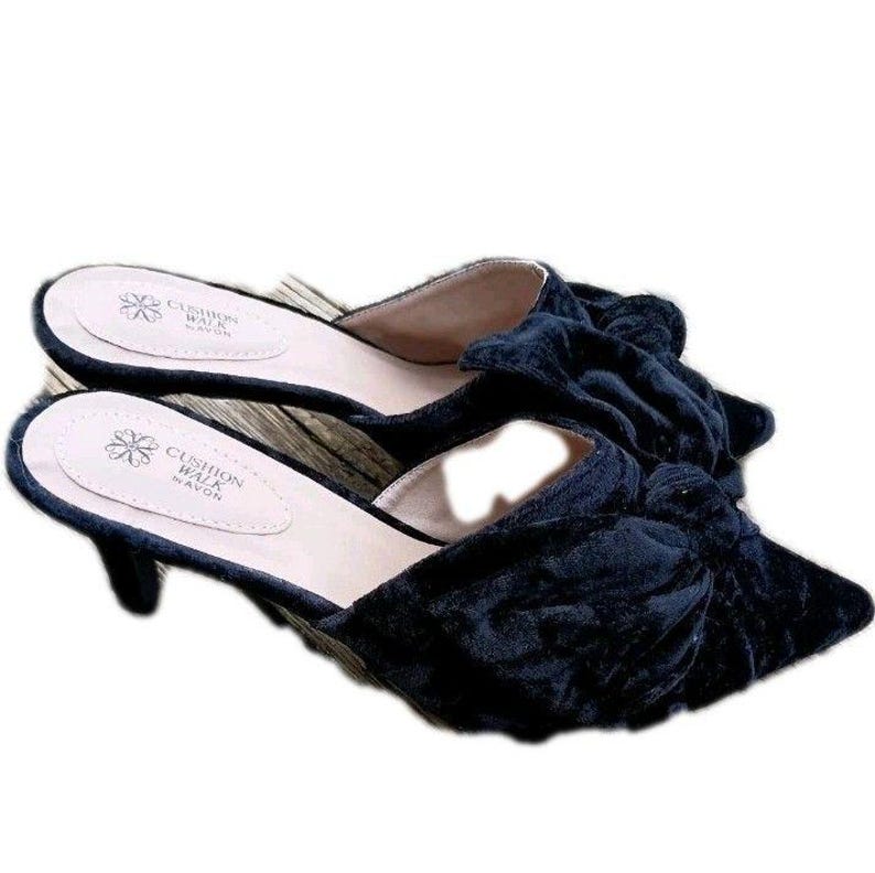 Avon Cushion Walk Black Velvet Bow Mules Slip on Pointed Toe Shoes Size ...