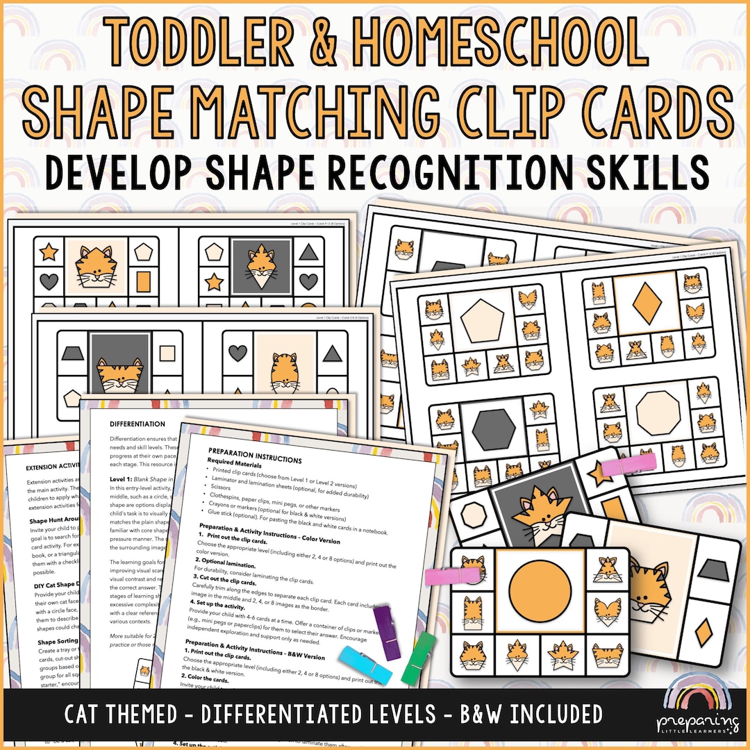 Shape Matching Clip Cards, Cat Themed, Hands-on Learning or Preschool ...