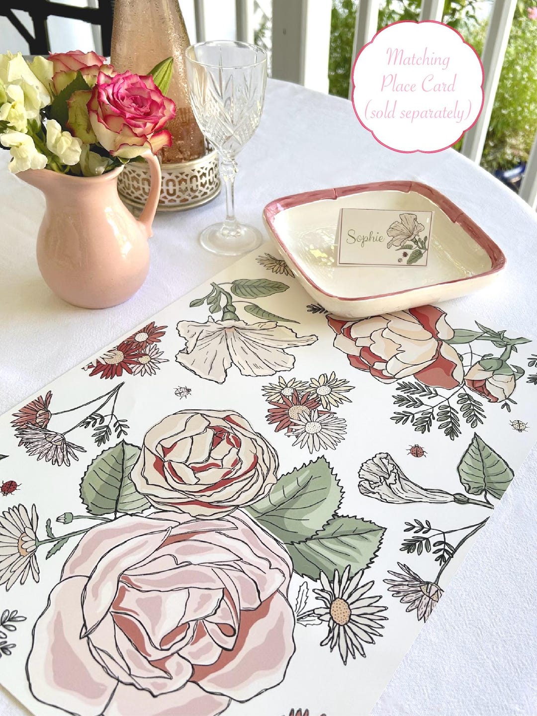 Digital Download, Paper Placemat, Ladybug, Rose, Flower, Dusty Pink ...
