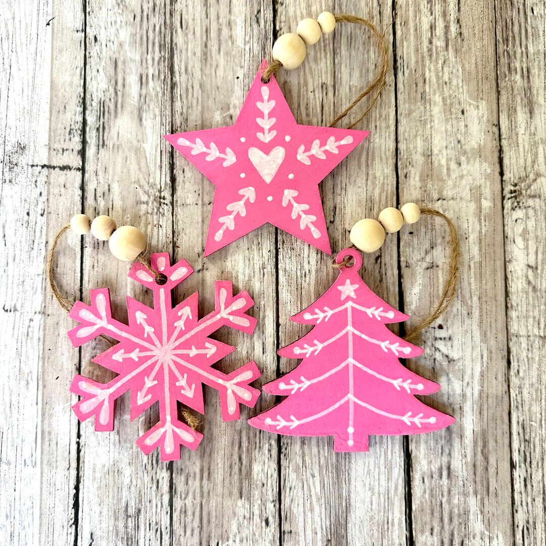 Hand Painted Pink Wood Christmas Ornaments: Star, Tree, Snowflake Set ...