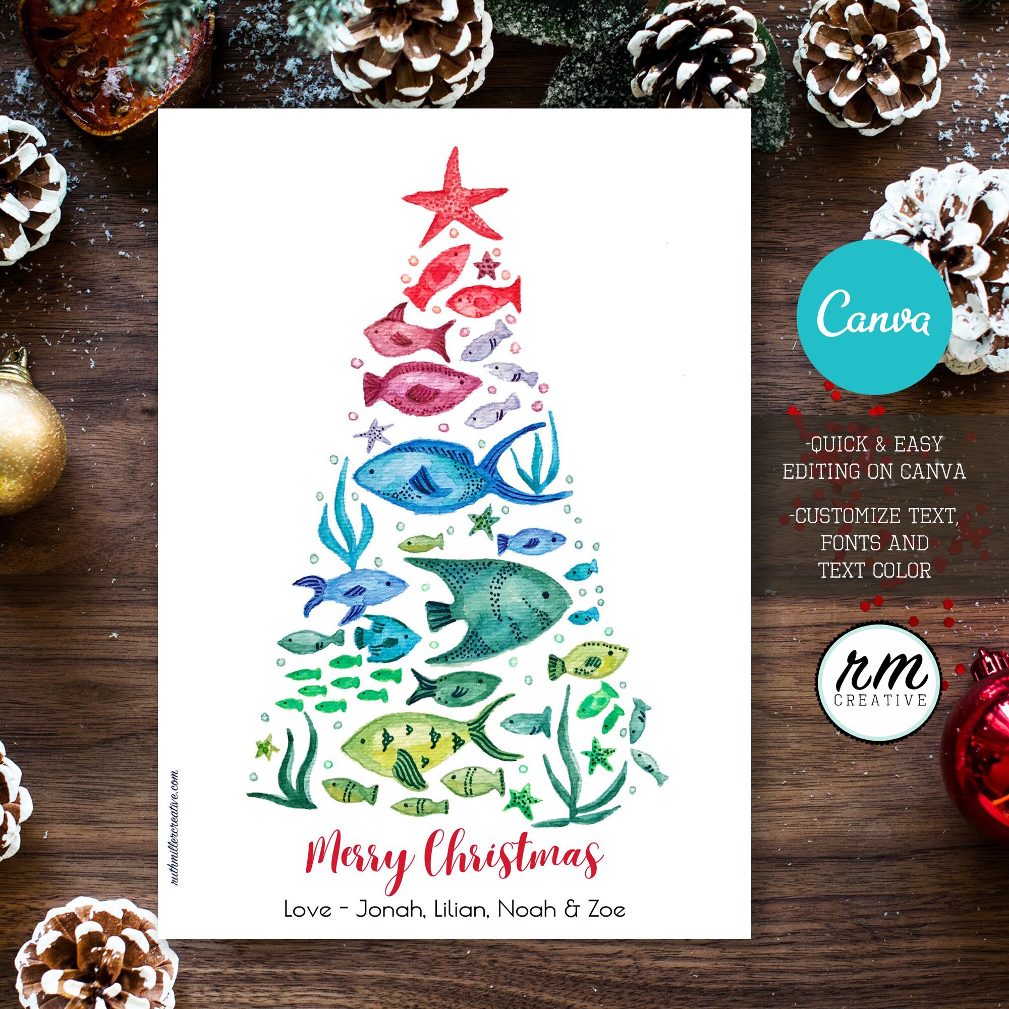 Fish Christmas Tree Card, Editable, Printable, Digital File, Digital ...