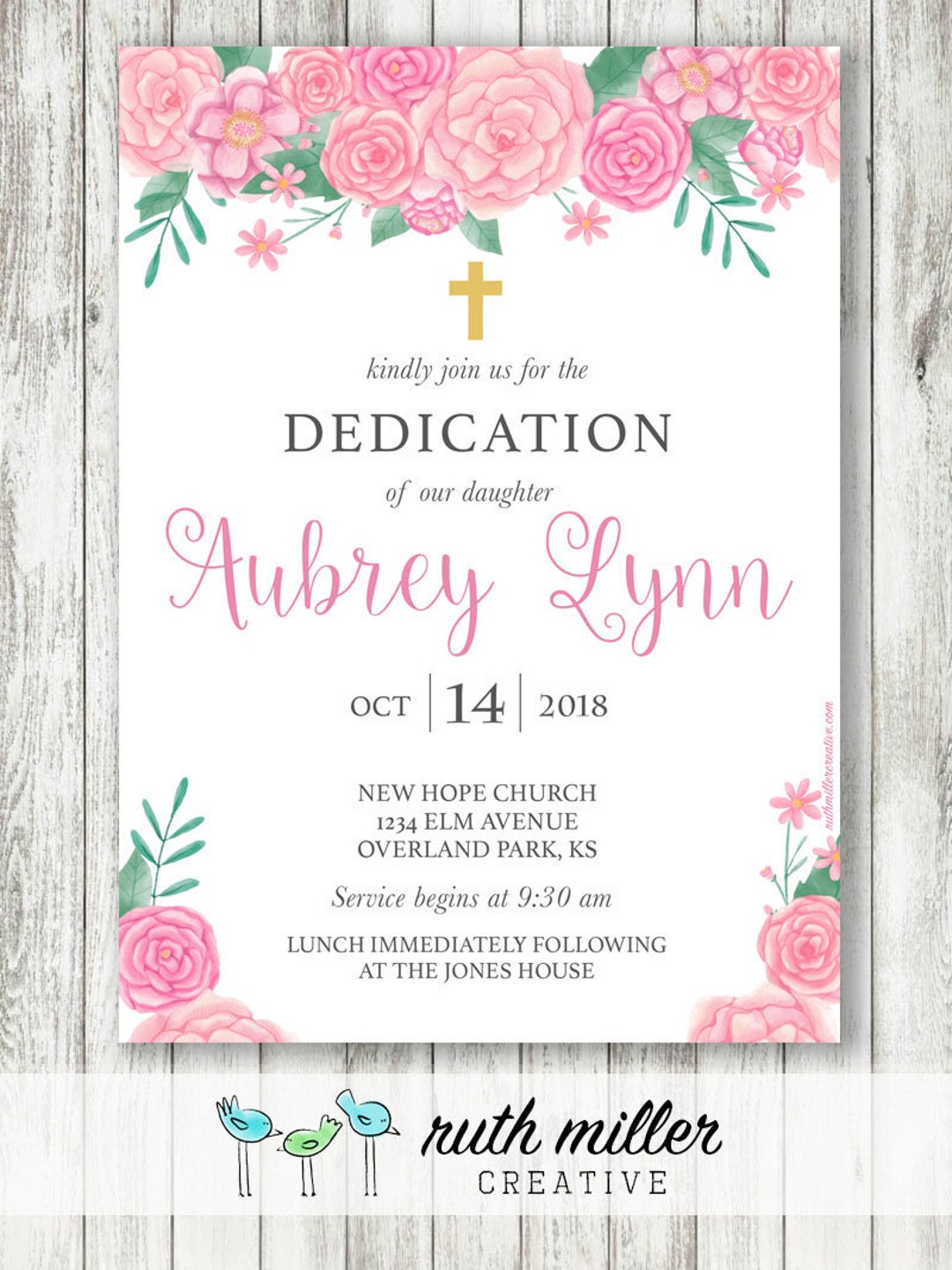 Pink Rose Dedication/baptism Invitation Printable Digital - Etsy