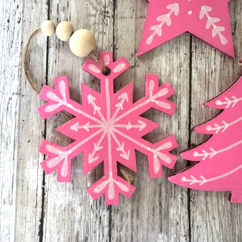 Hand Painted Pink Wood Christmas Ornaments: Star, Tree, Snowflake Set ...