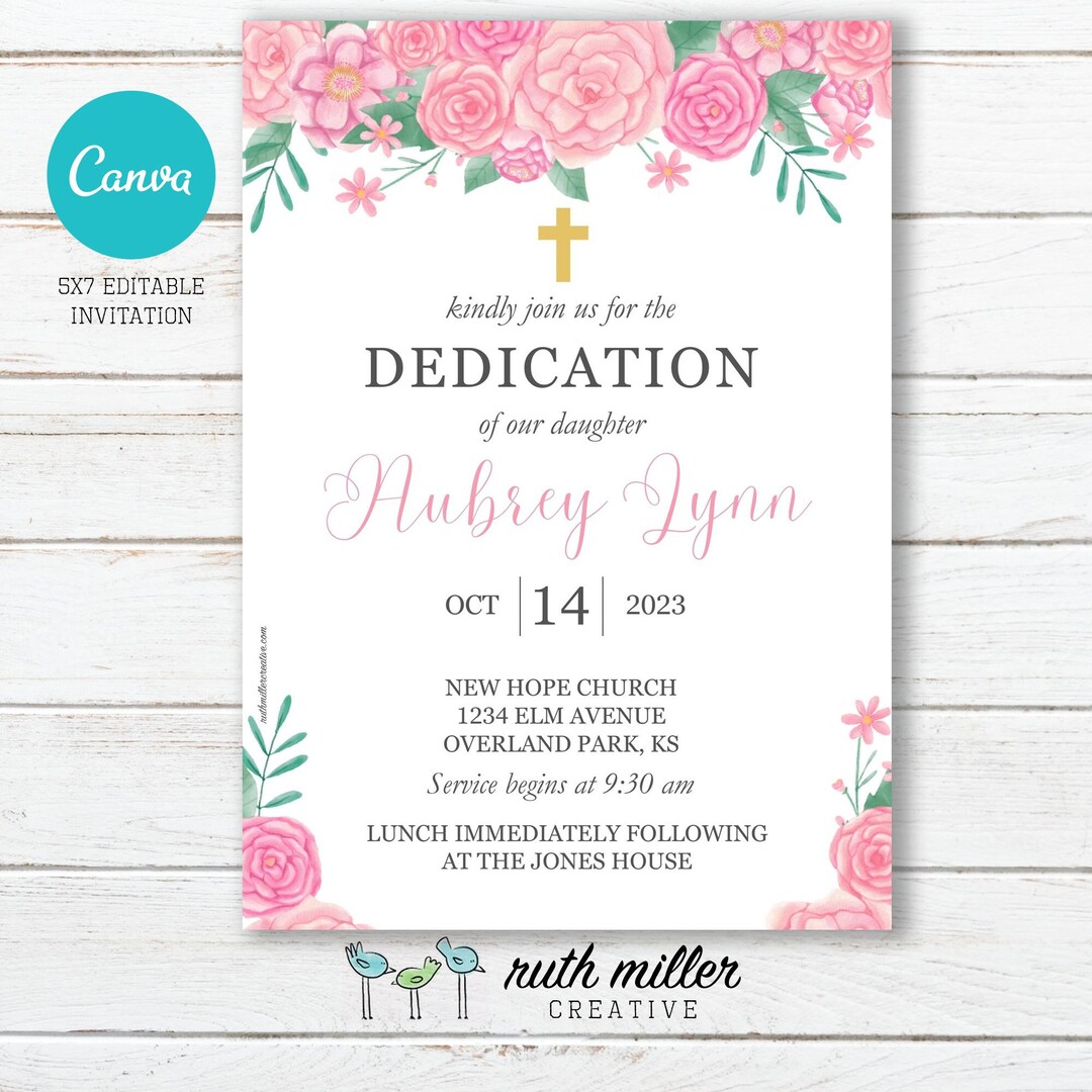 Pink Rose Dedication/baptism Invitation, Editable, Printable, Digital ...