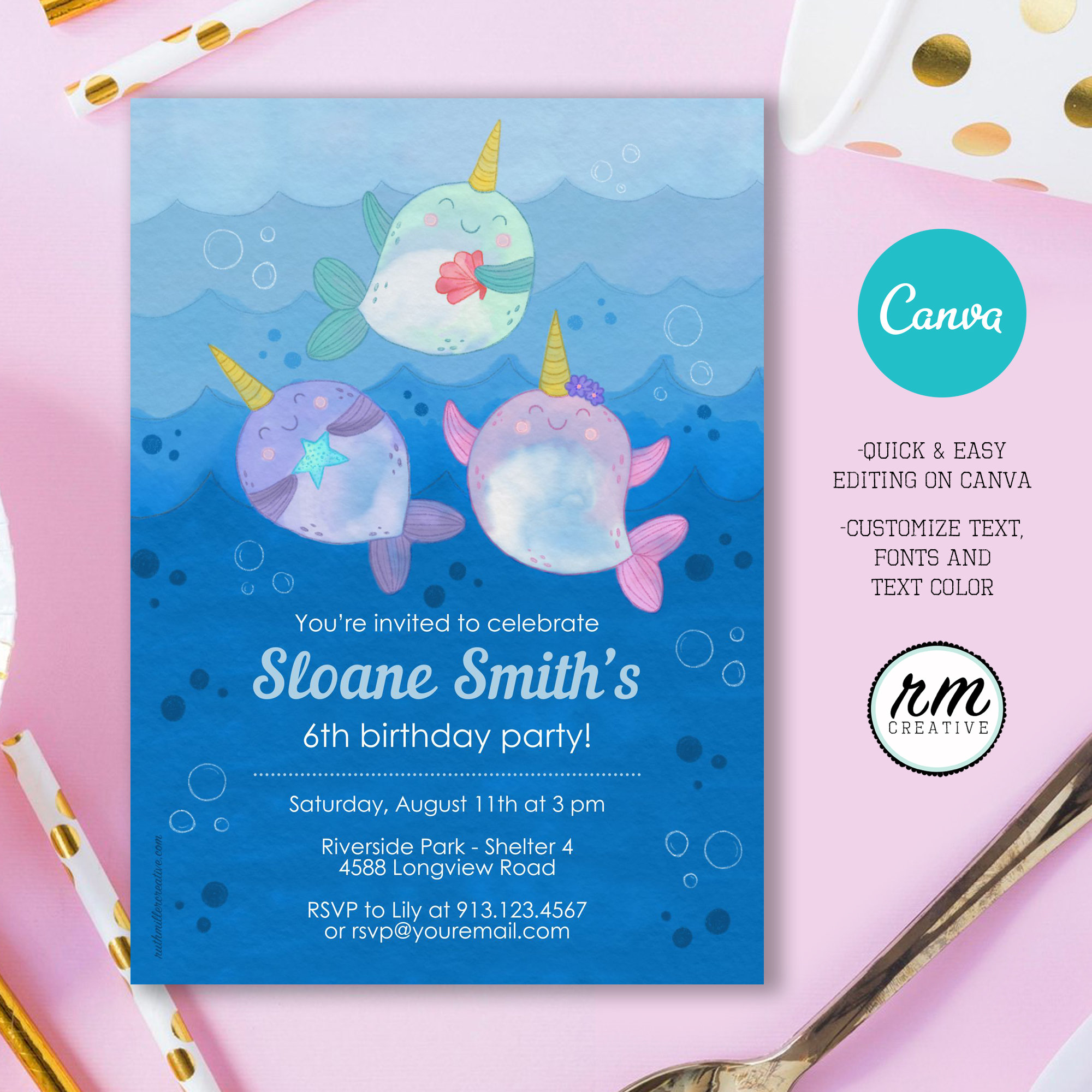 Narwhal Birthday Party Invitation, Editable, Printable, Digital File ...