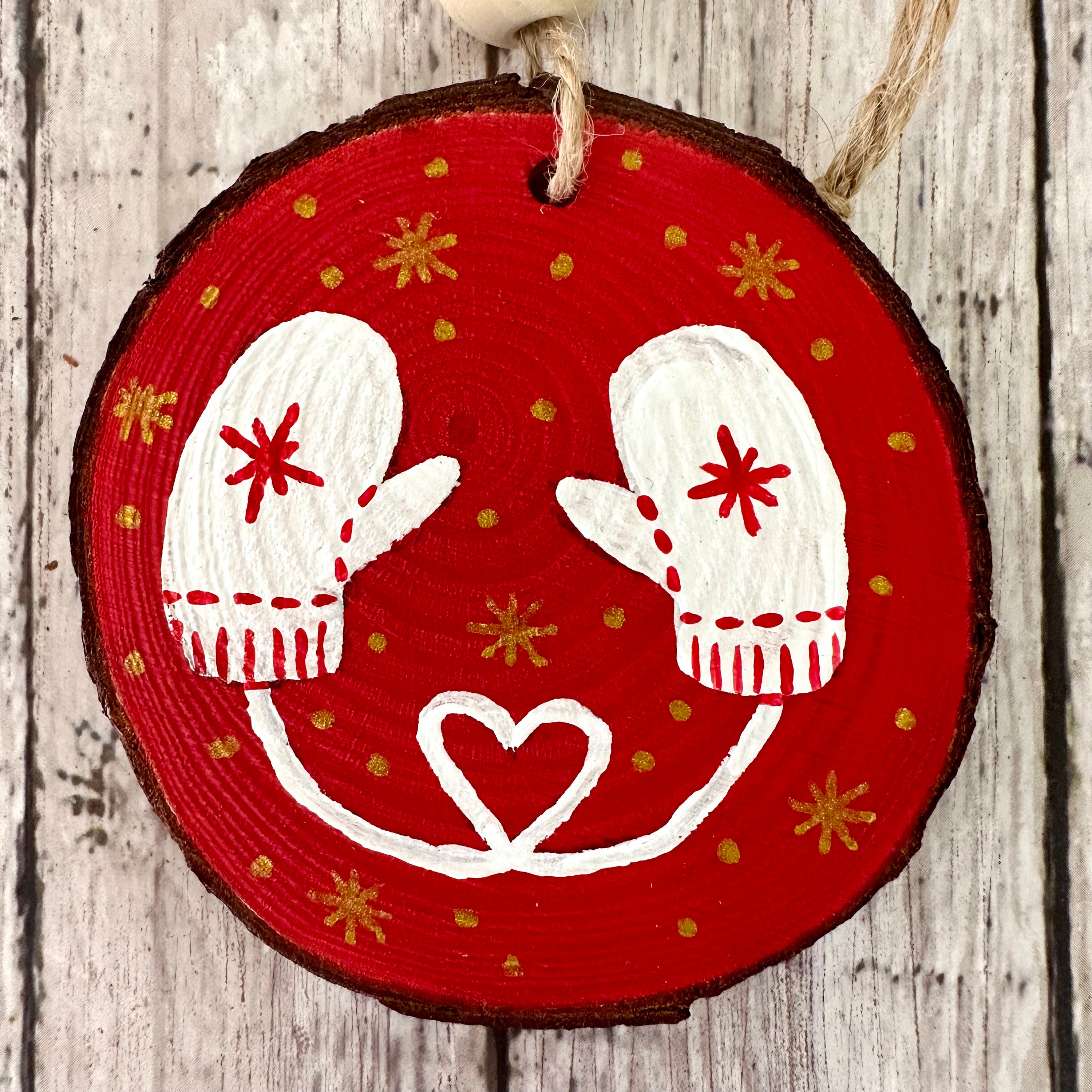 Hand Painted Red Mittens Christmas Ornament, Hand Painted Wood Slice ...