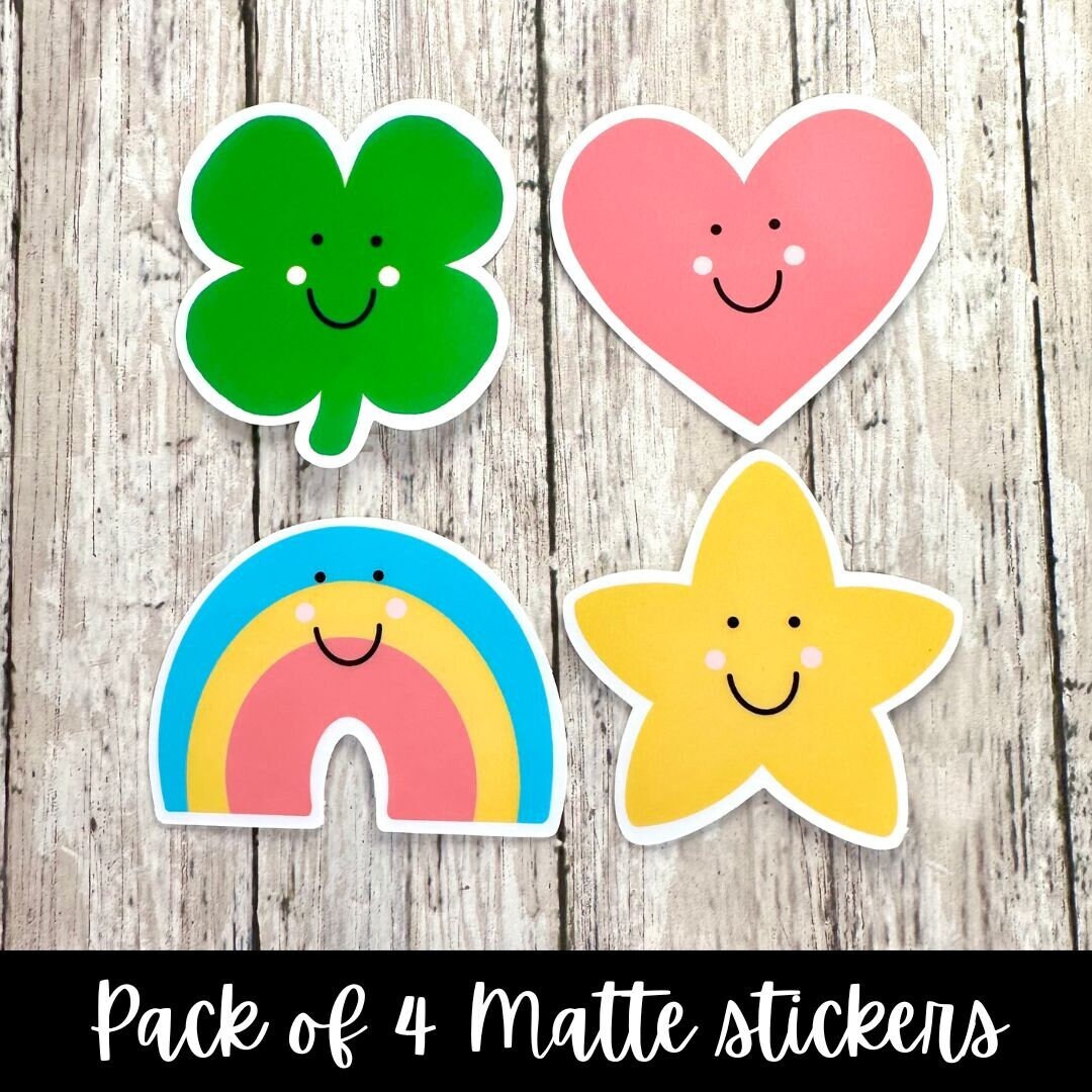 Happy Go Lucky Shapes 4 Sticker Pack, Matte Vinyl Stickers, Decals ...