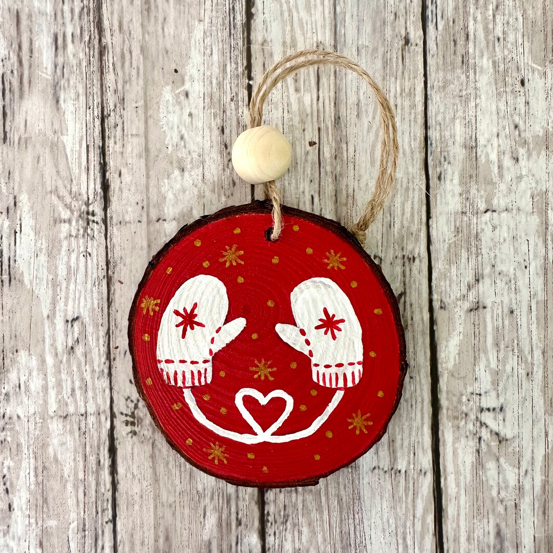 Hand Painted Red Mittens Christmas Ornament, Hand Painted Wood Slice ...